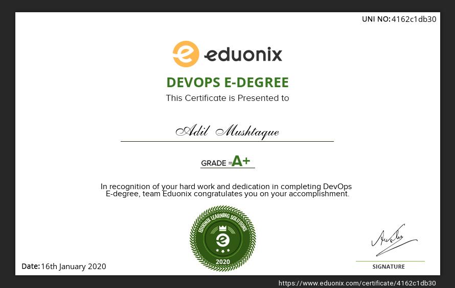 Completion certificate for DevOps E-degree