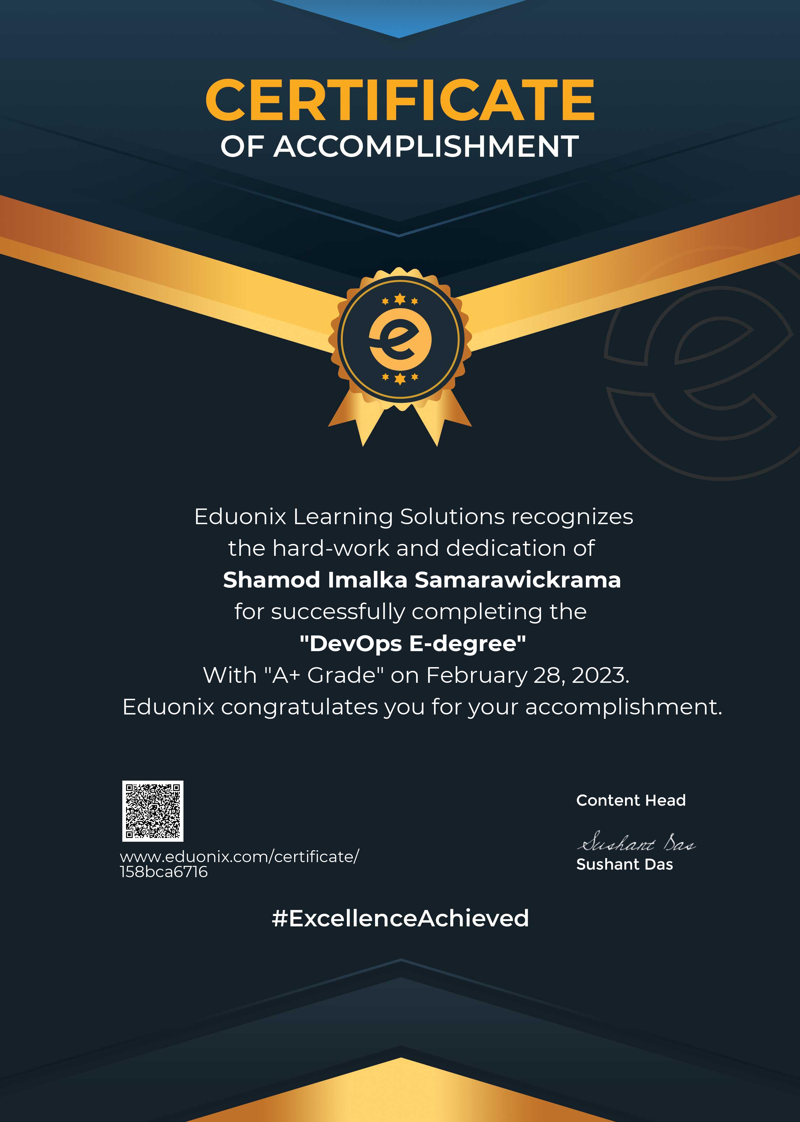 Completion certificate for DevOps E-degree