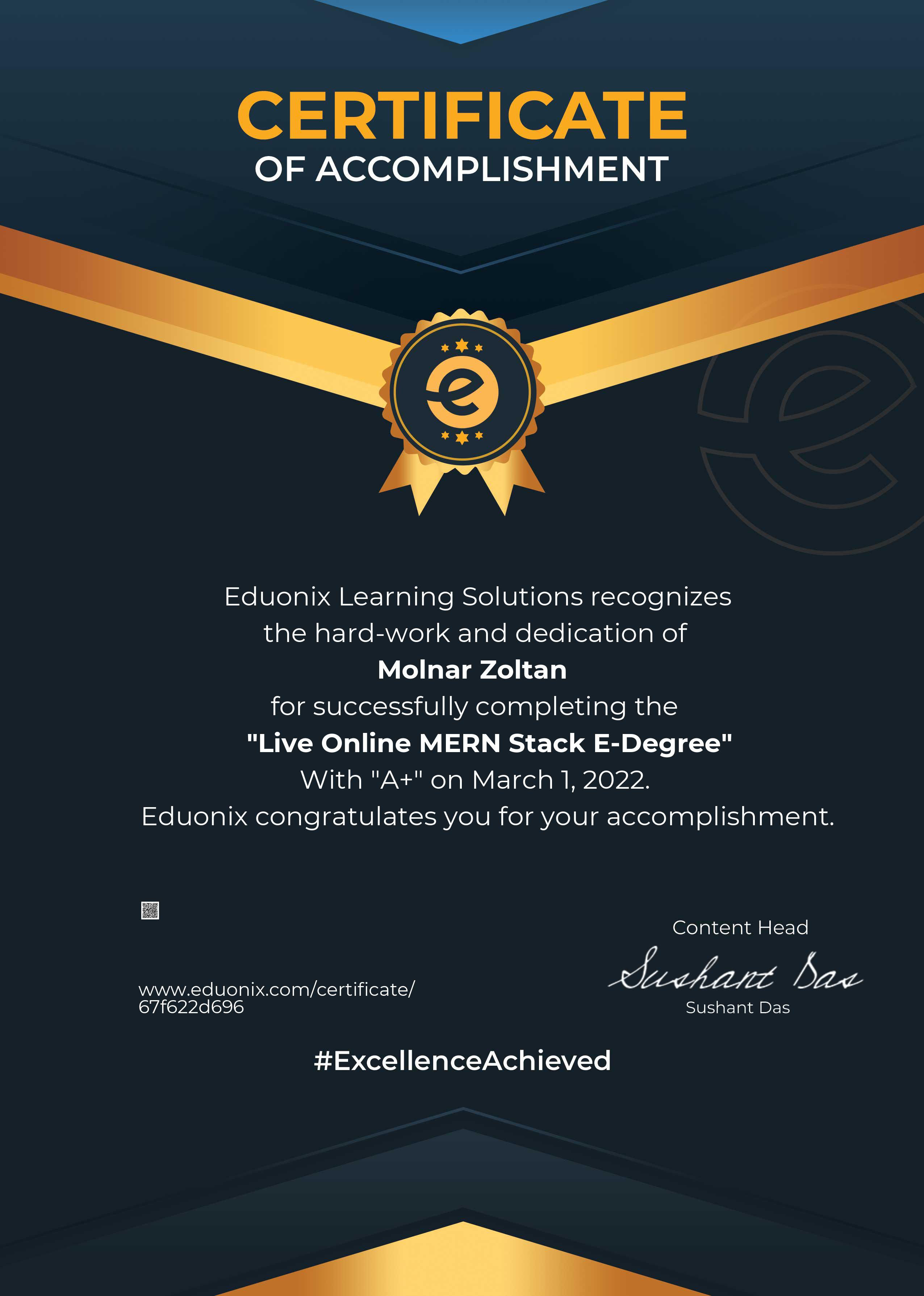 Completion certificate for Live Online MERN Stack E-Degree