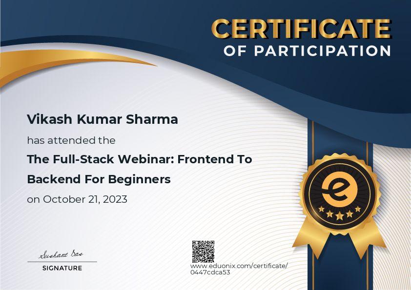 Completion certificate for The Full-Stack Webinar: Frontend To Backend For Beginners