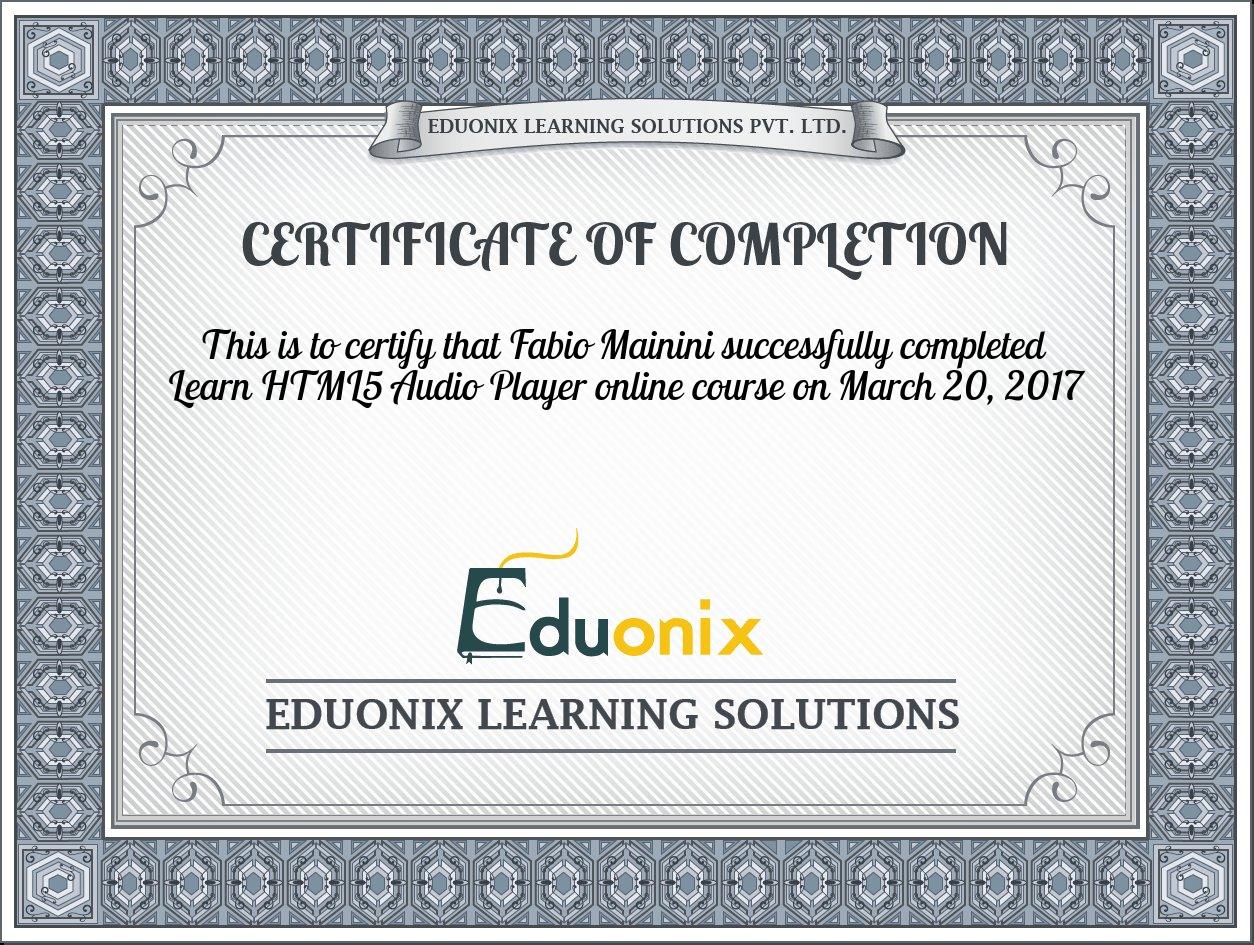 Completion certificate for Learn HTML5 Audio Player