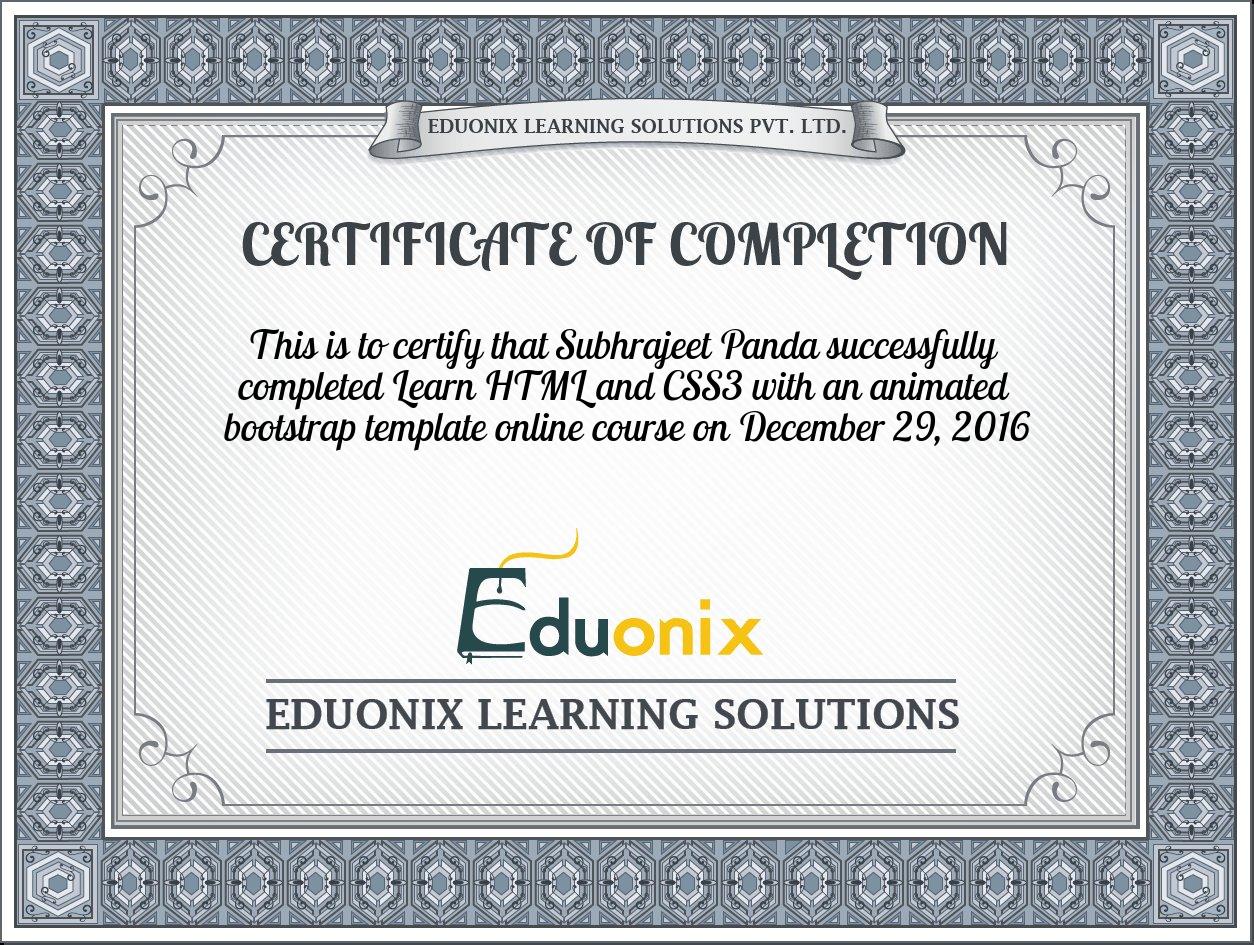 Completion Certificate For Learn Html And Css3 With An Animated Bootstrap Template