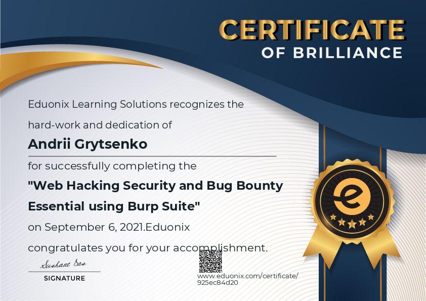 Completion Certificate For Web Hacking Security And Bug Bounty Essential Using Burp Suite