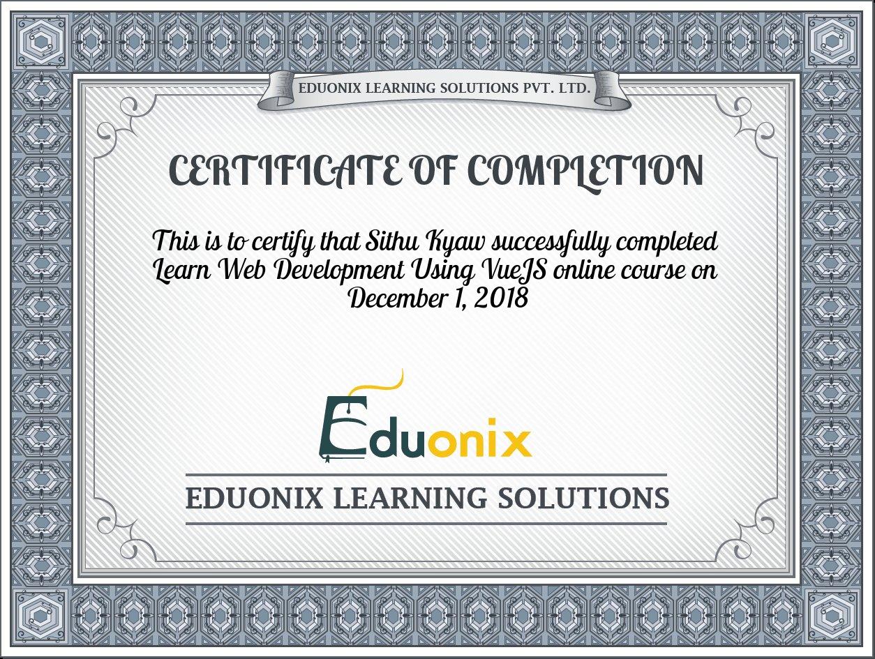 Completion certificate for Learn Web Development Using VueJS