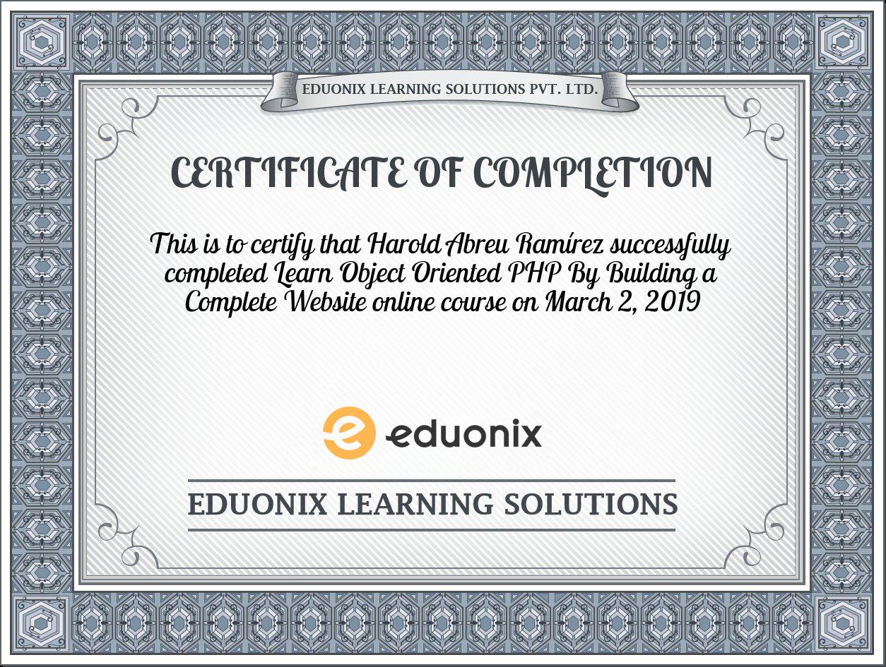 Completion Certificate For Learn Object Oriented Php By