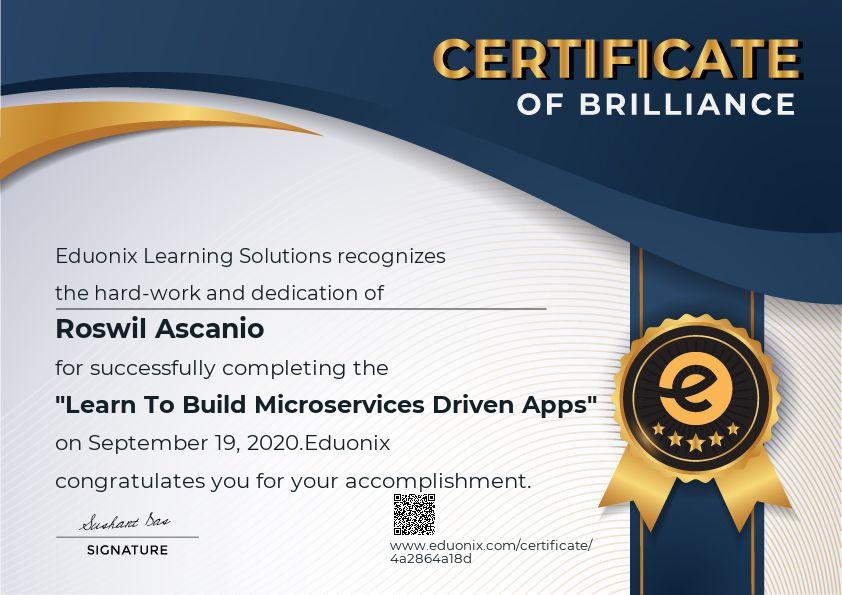 Completion certificate for Learn To Build Microservices Driven Apps