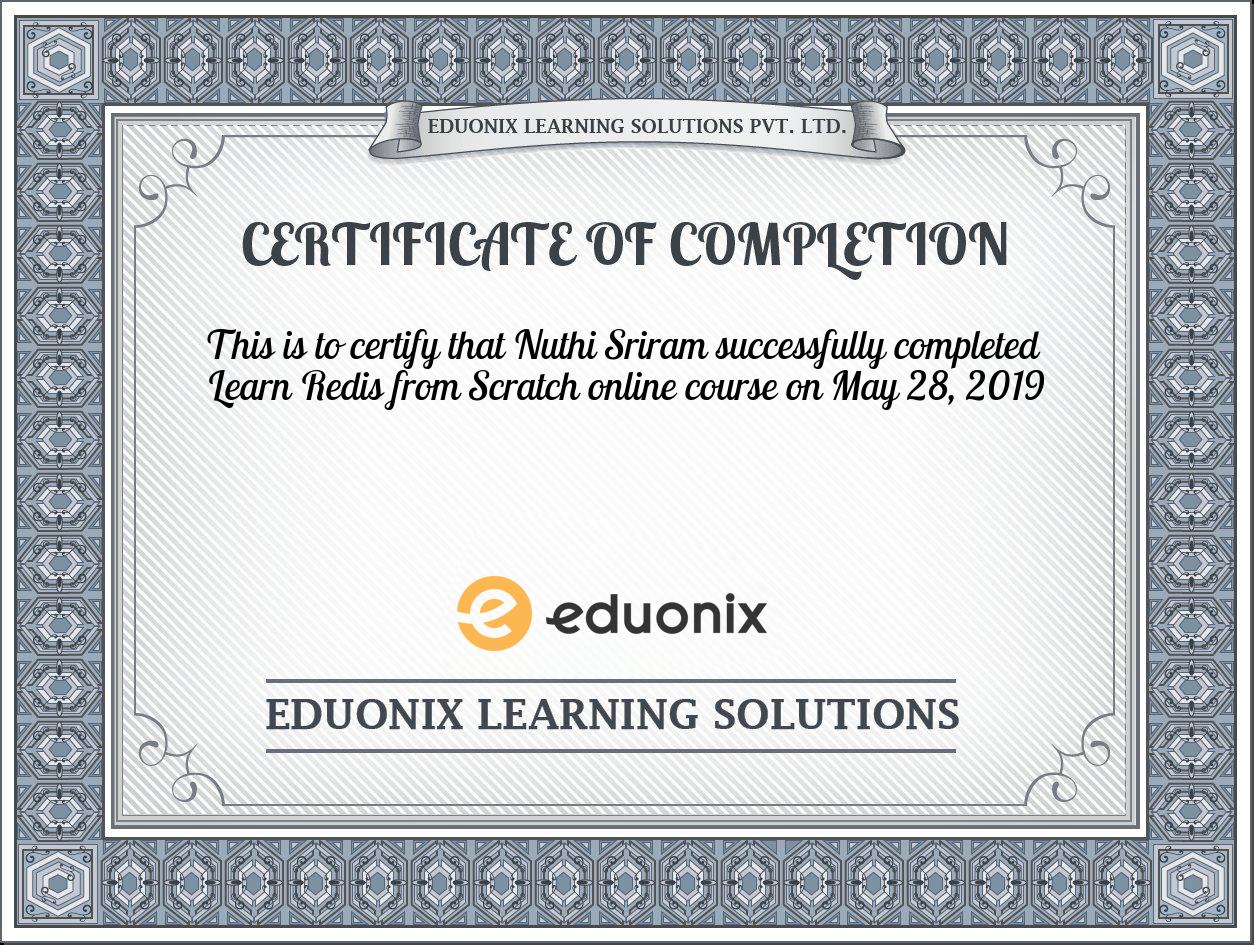 Completion certificate for Learn Redis from Scratch