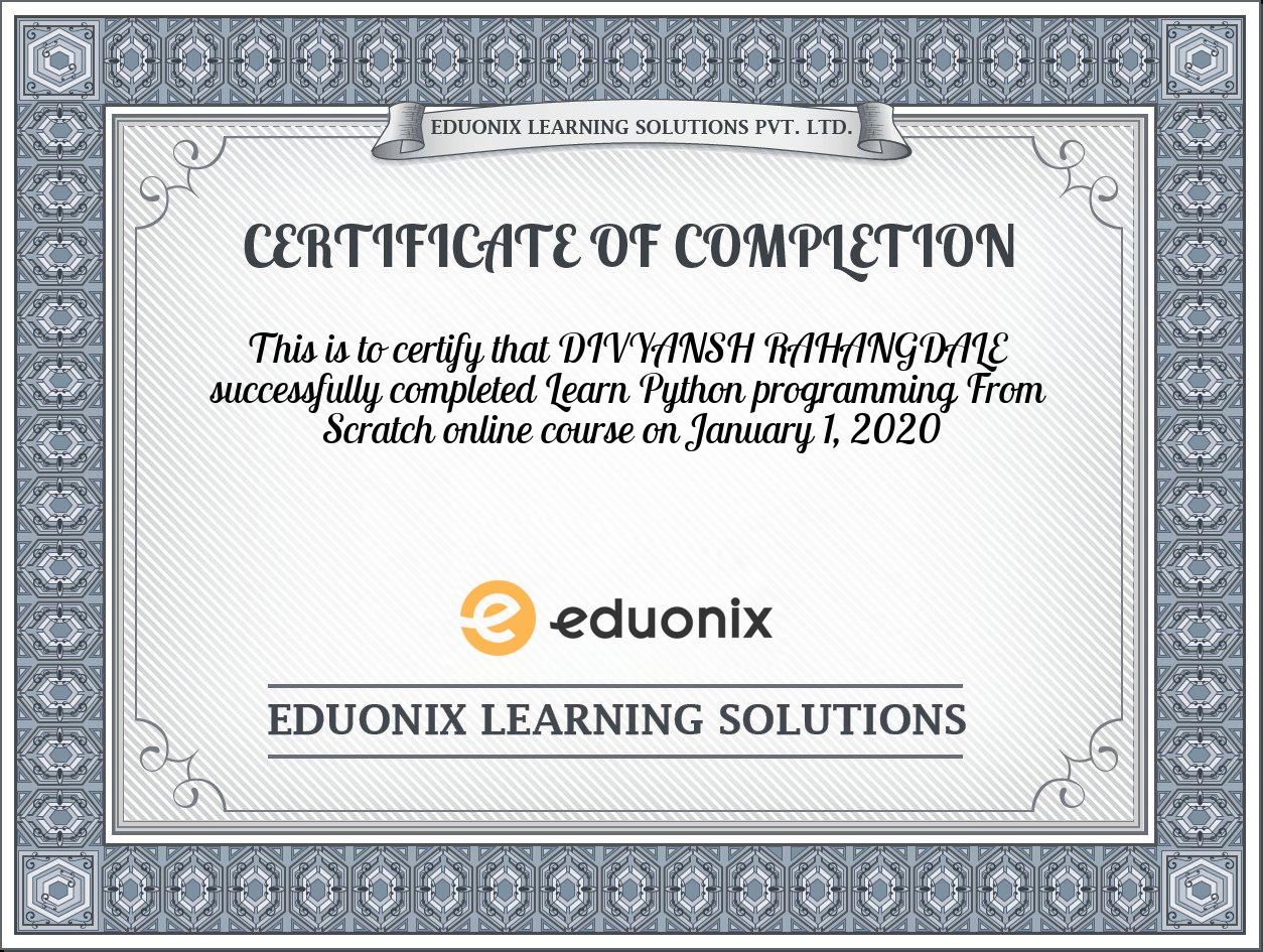 Completion Certificate For Learn Python Programming From Scratch