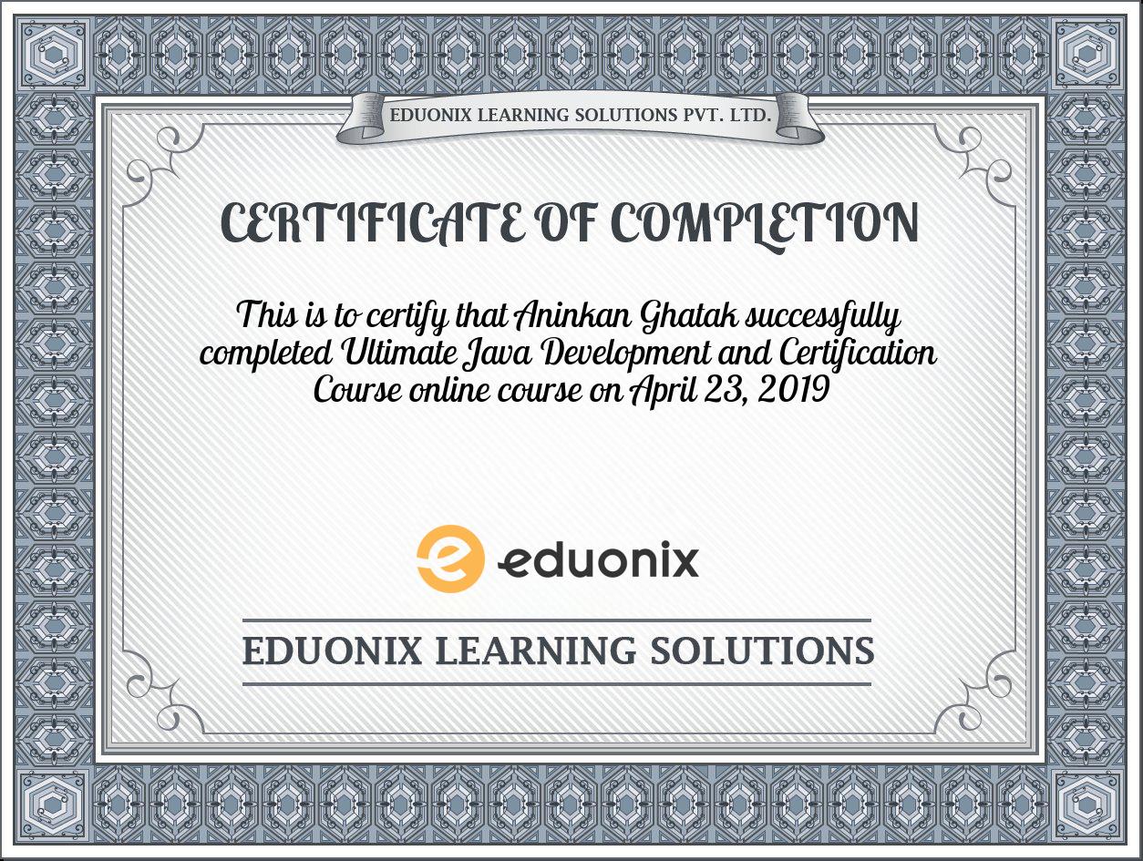 Completion certificate for Ultimate Java Development and Certification Course