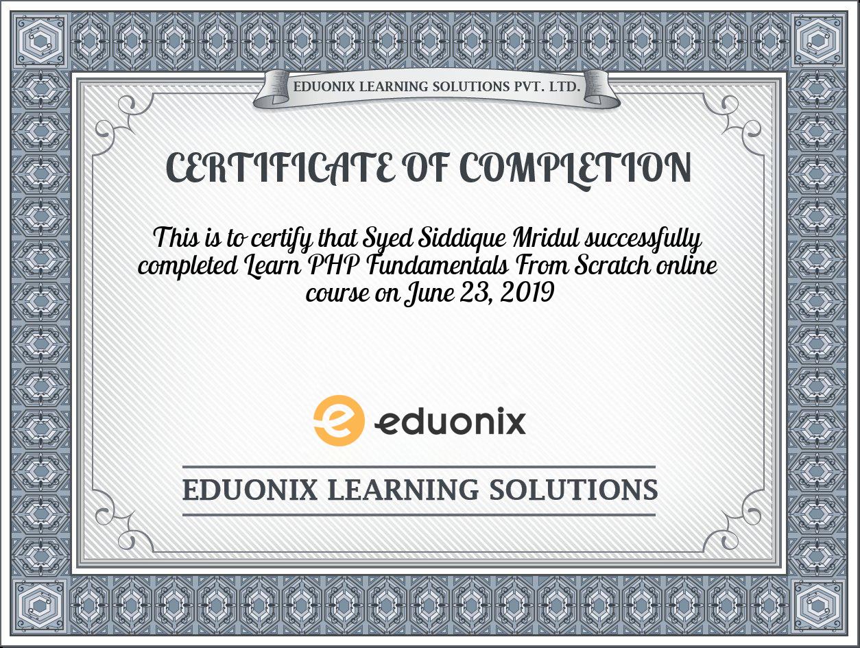 Completion Certificate For Learn Php Fundamentals From Scratch