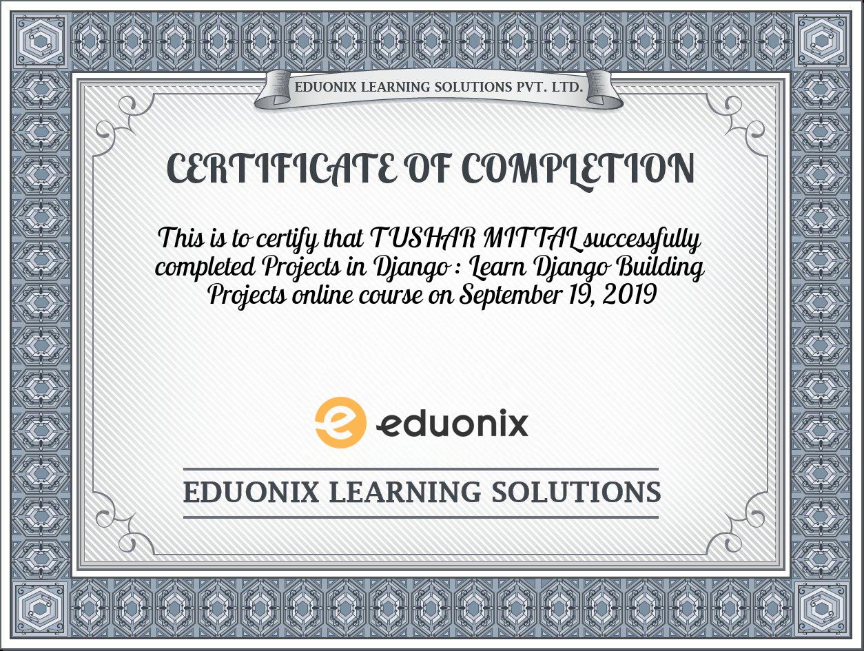 Completion certificate for Projects in Django : Learn Django Building Projects