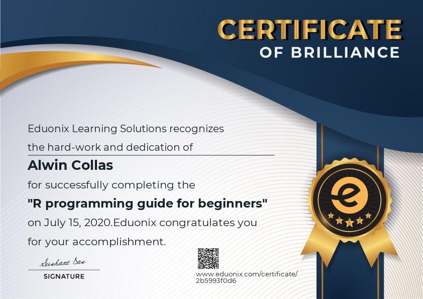 Completion certificate for R programming guide for beginners