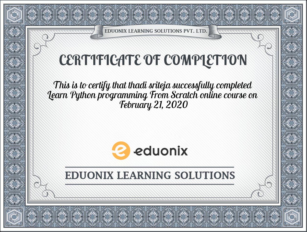 Completion certificate for Learn Python programming From Scratch