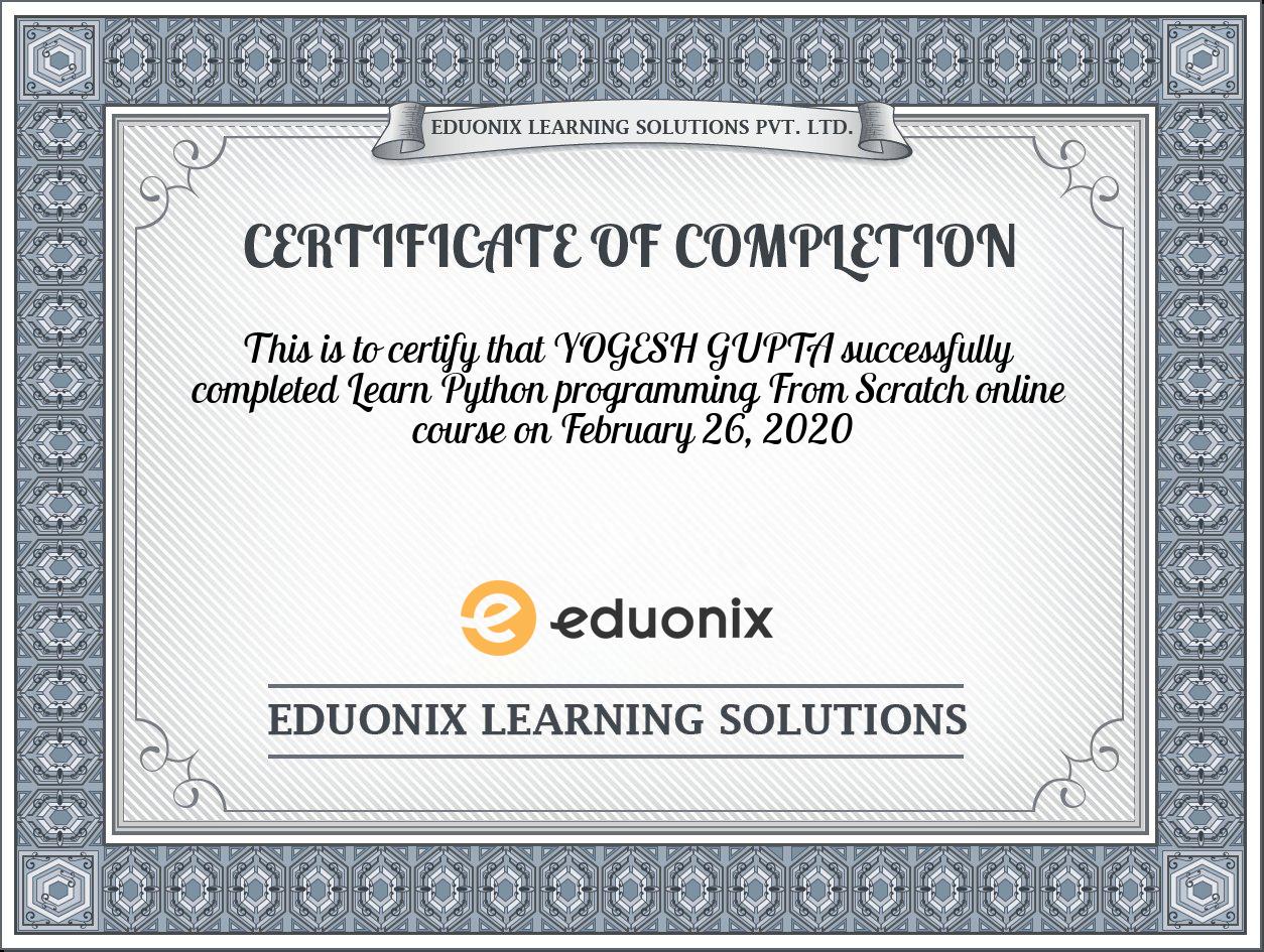 Completion certificate for Learn Python programming From Scratch