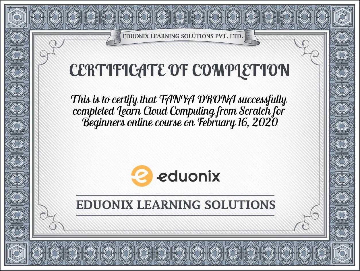 Completion certificate for Learn Cloud Computing from Scratch for Beginners