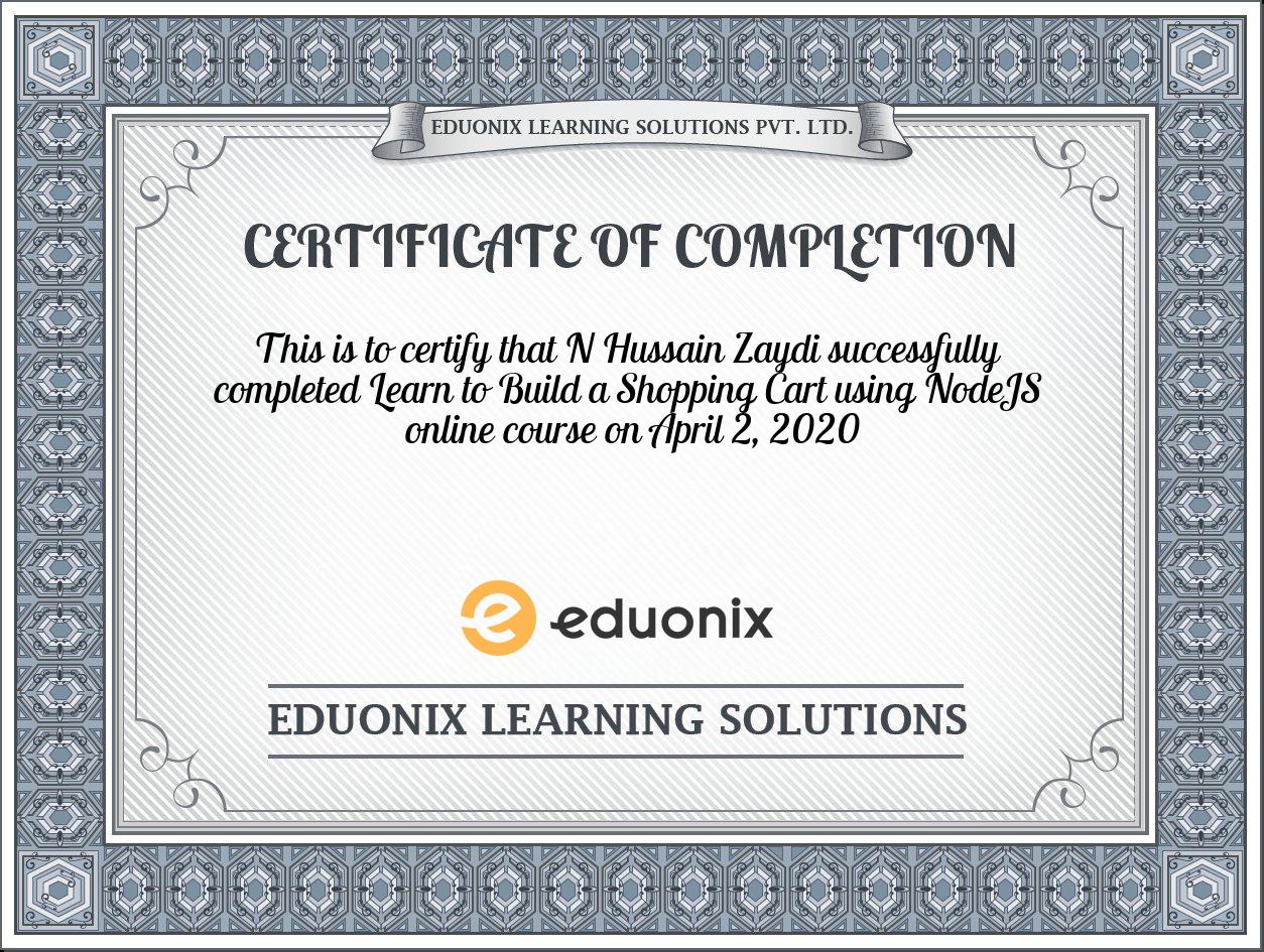 Completion certificate for Learn to Build a Shopping Cart using NodeJS