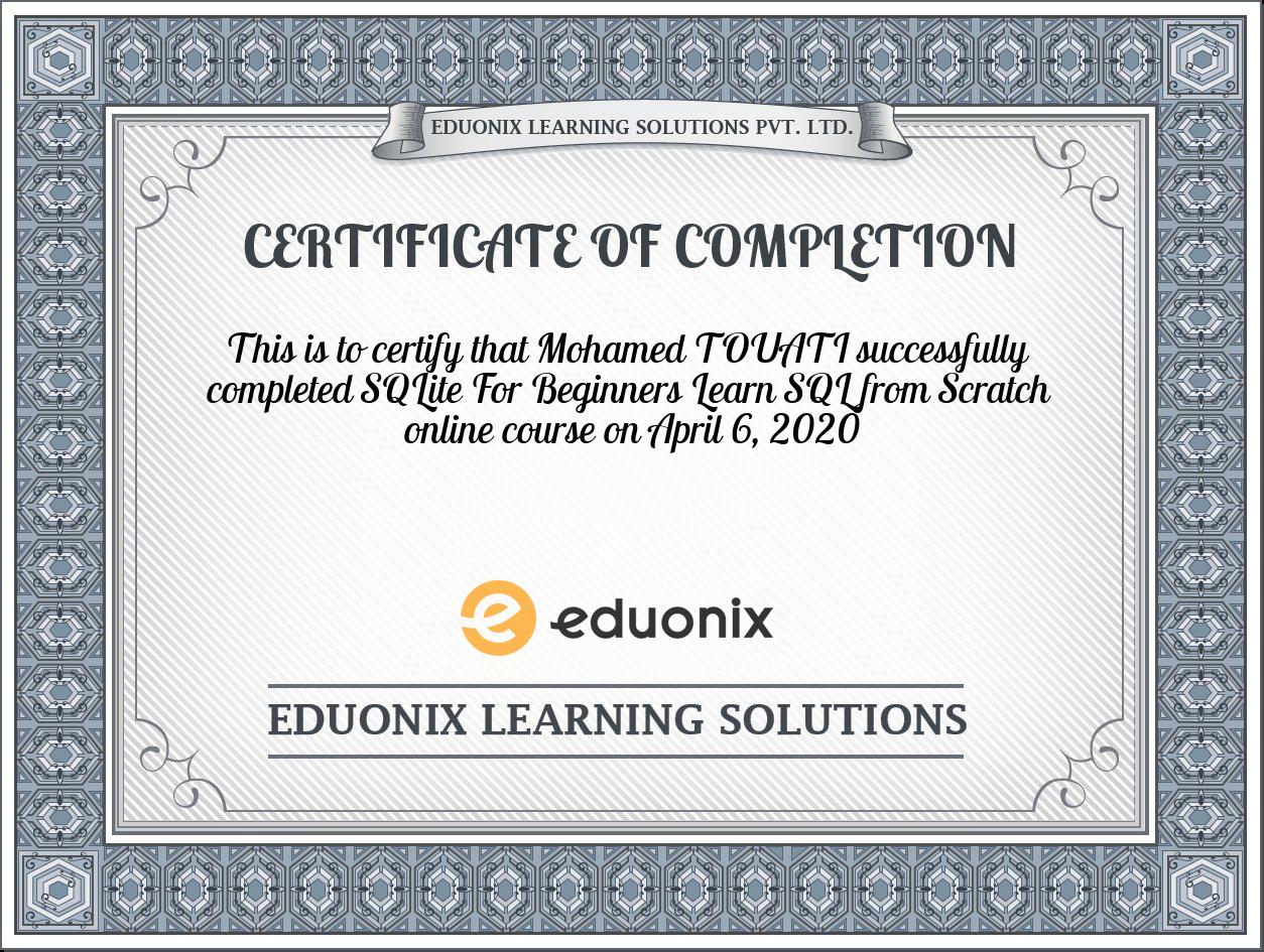 Completion certificate for SQLite For Beginners Learn SQL from Scratch