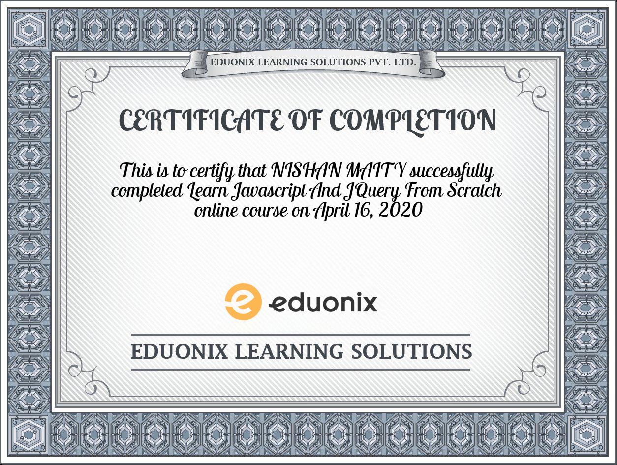 Completion Certificate For Learn Javascript And Jquery From Scratch 