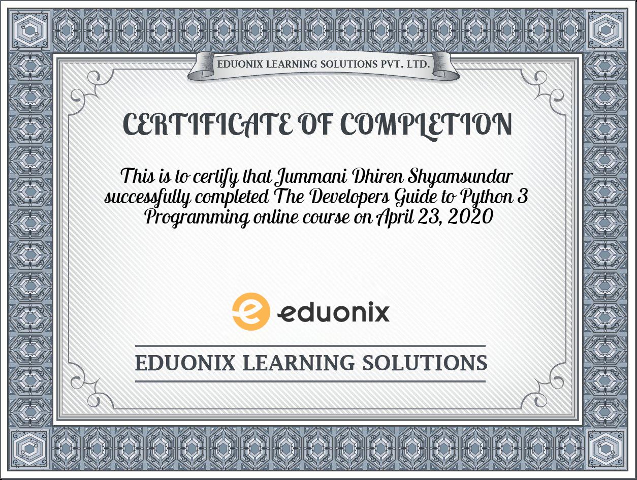 Completion certificate for The Developers Guide to Python 3 Programming