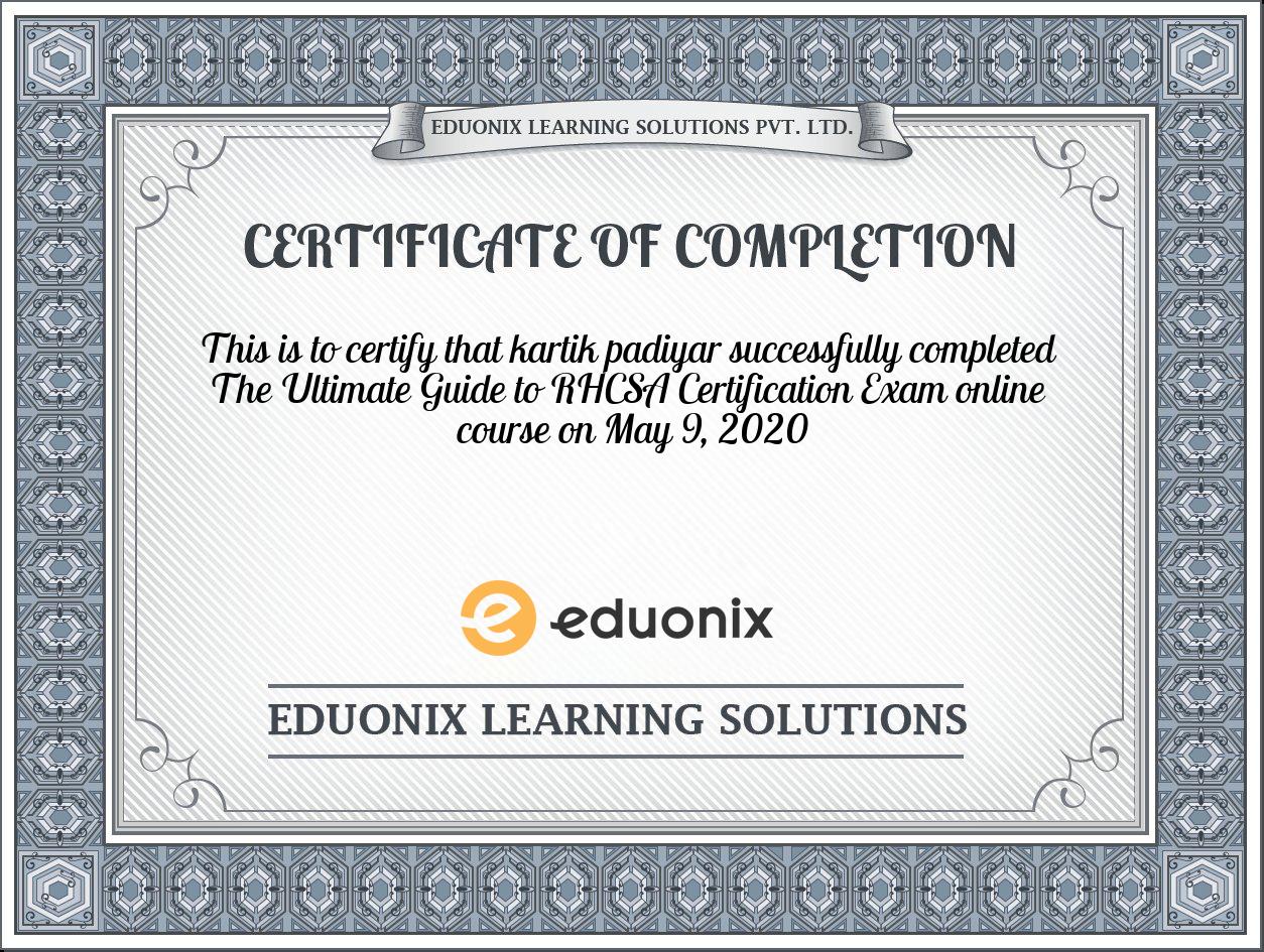 Completion certificate for The Ultimate Guide to RHCSA Certification Exam
