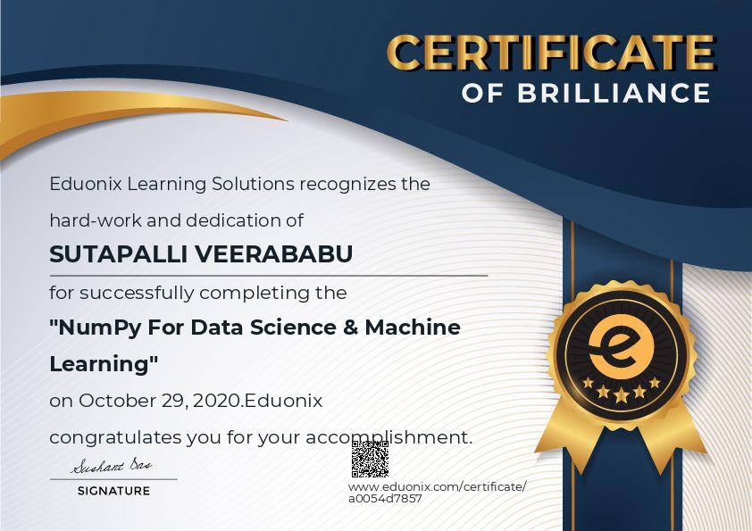 Completion certificate for Python Mastering With NumPy For Data Science & Machine Learning