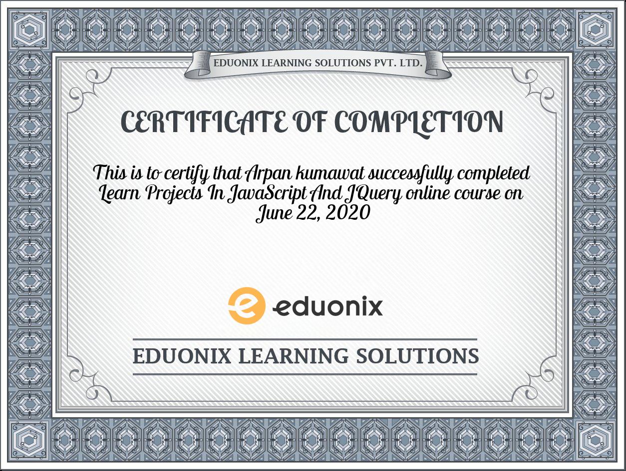 Completion certificate for Learn Projects In JavaScript And JQuery