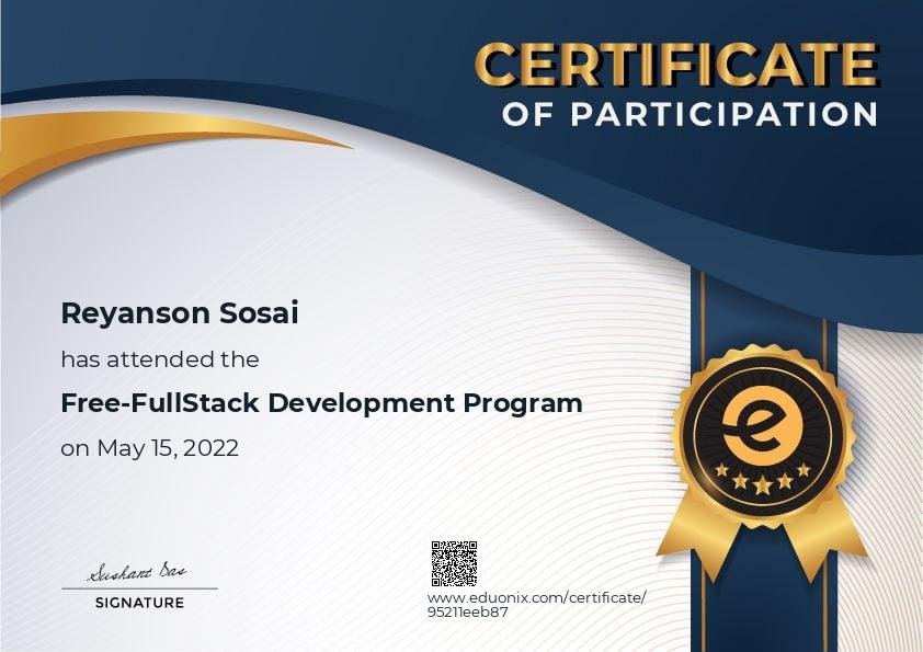 Completion certificate for Free-FullStack Development Program