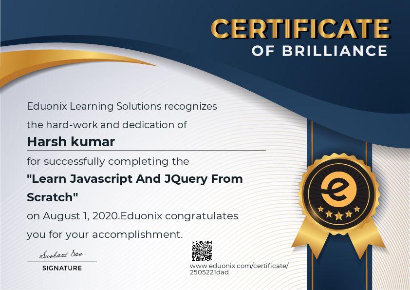 Completion Certificate For Learn Javascript And Jquery From Scratch 6621