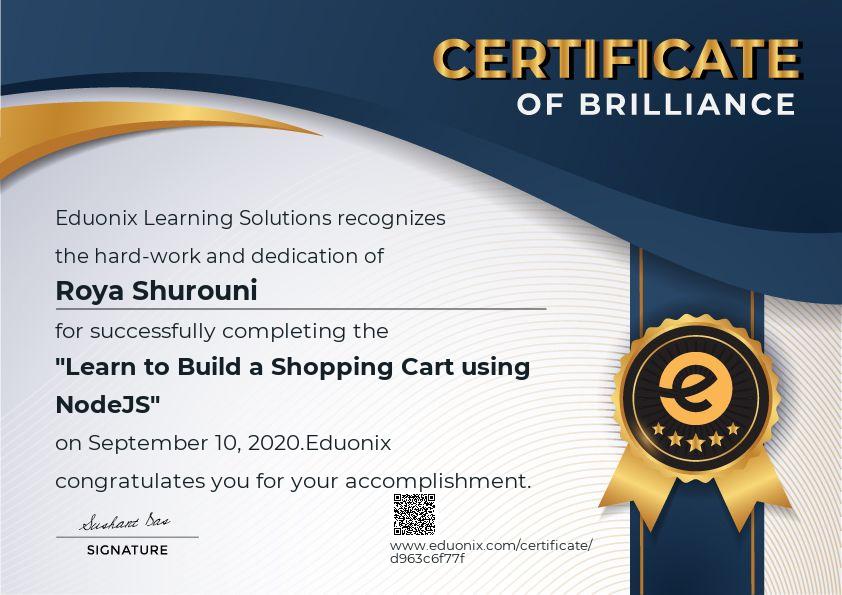 Completion certificate for Learn to Build a Shopping Cart using NodeJS