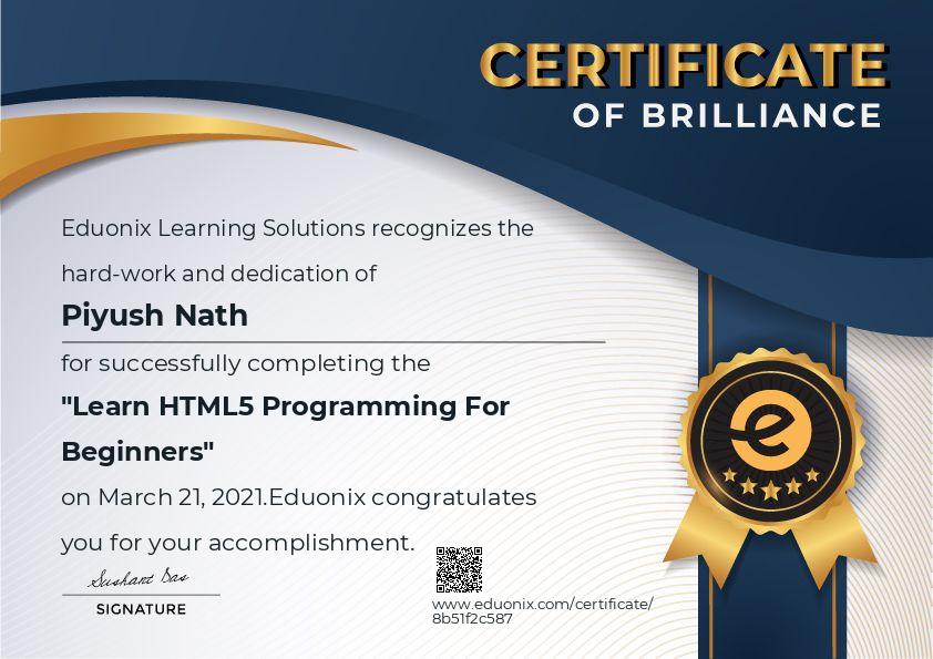 Completion certificate for Learn HTML5 Programming For Beginners