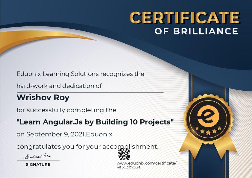 Completion certificate for Learn Angular.Js by Building 10 Projects