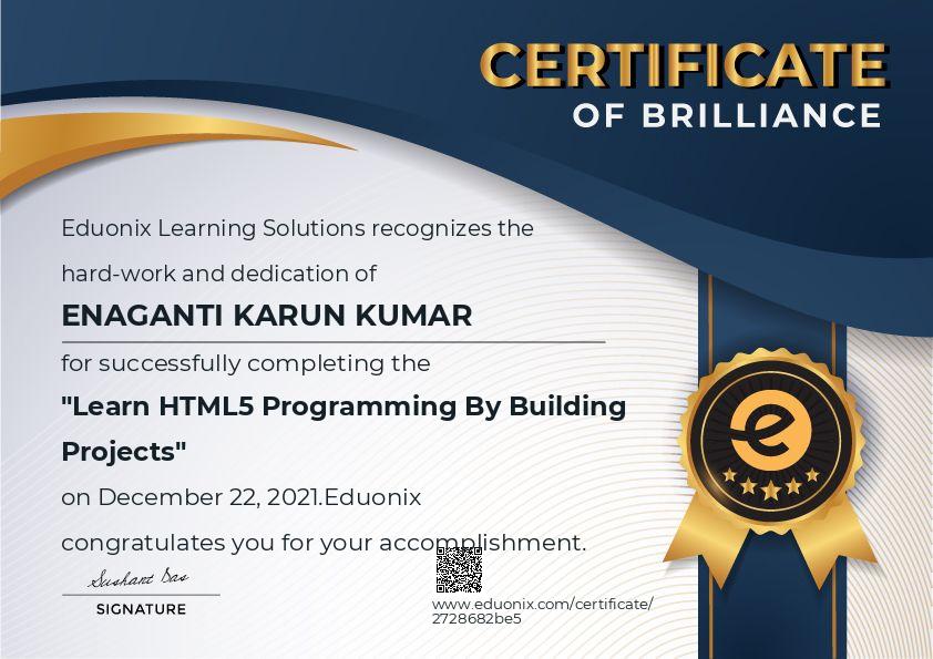 Completion certificate for Learn HTML5 Programming By Building Projects