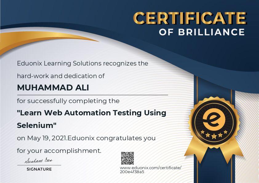 Completion Certificate For Learn Web Automation Testing Using Selenium