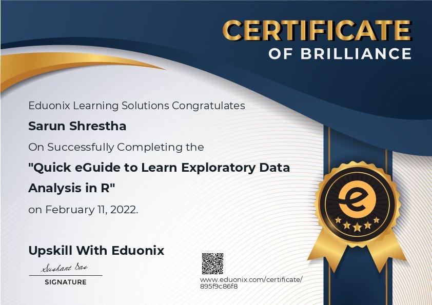 Completion certificate for Quick eGuide to Learn Exploratory Data Analysis in R