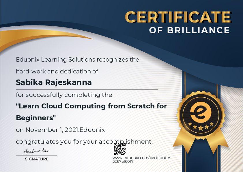 Completion Certificate For Learn Cloud Computing From Scratch For Beginners