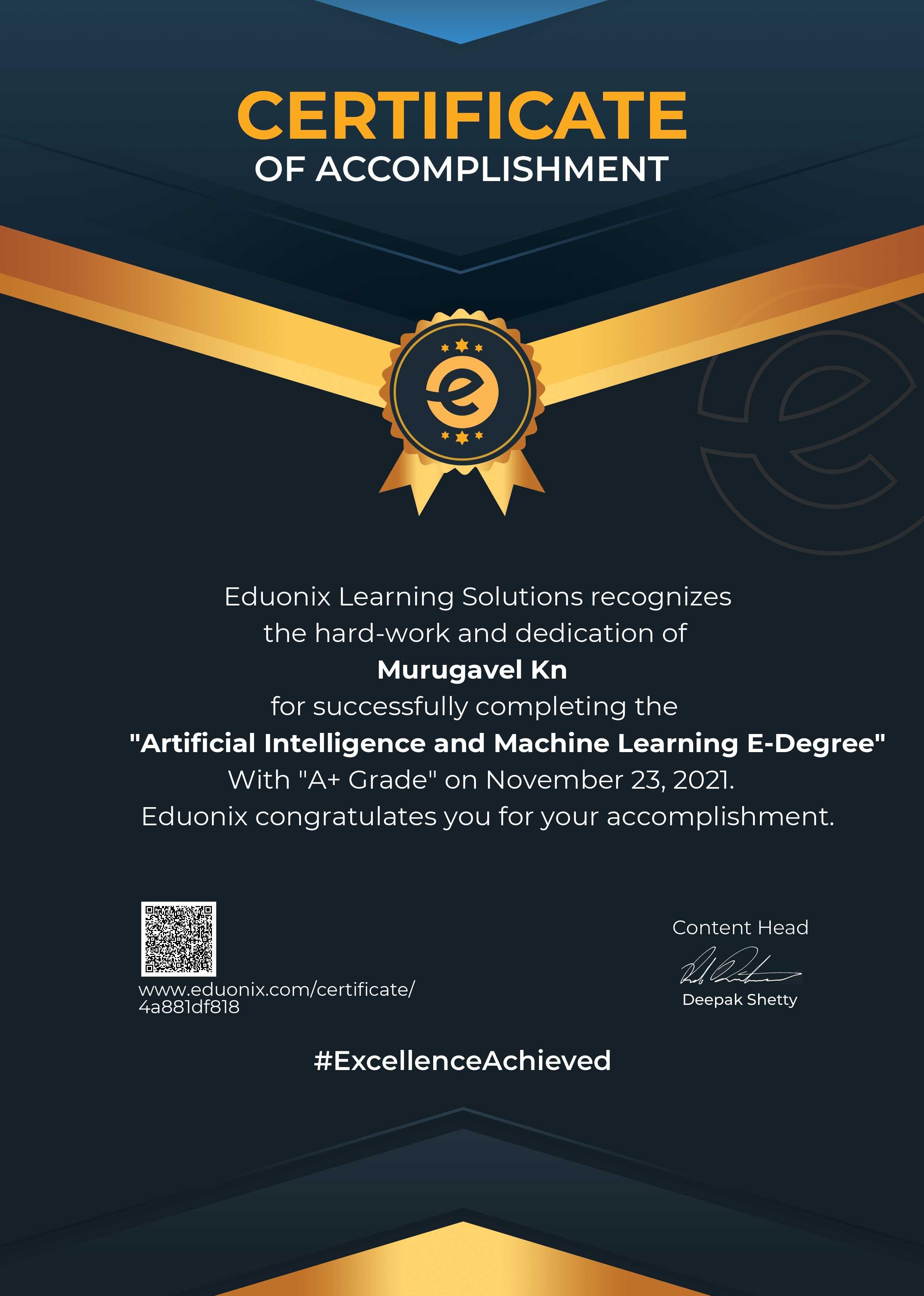 Completion certificate for Artificial Intelligence and Machine Learning ...