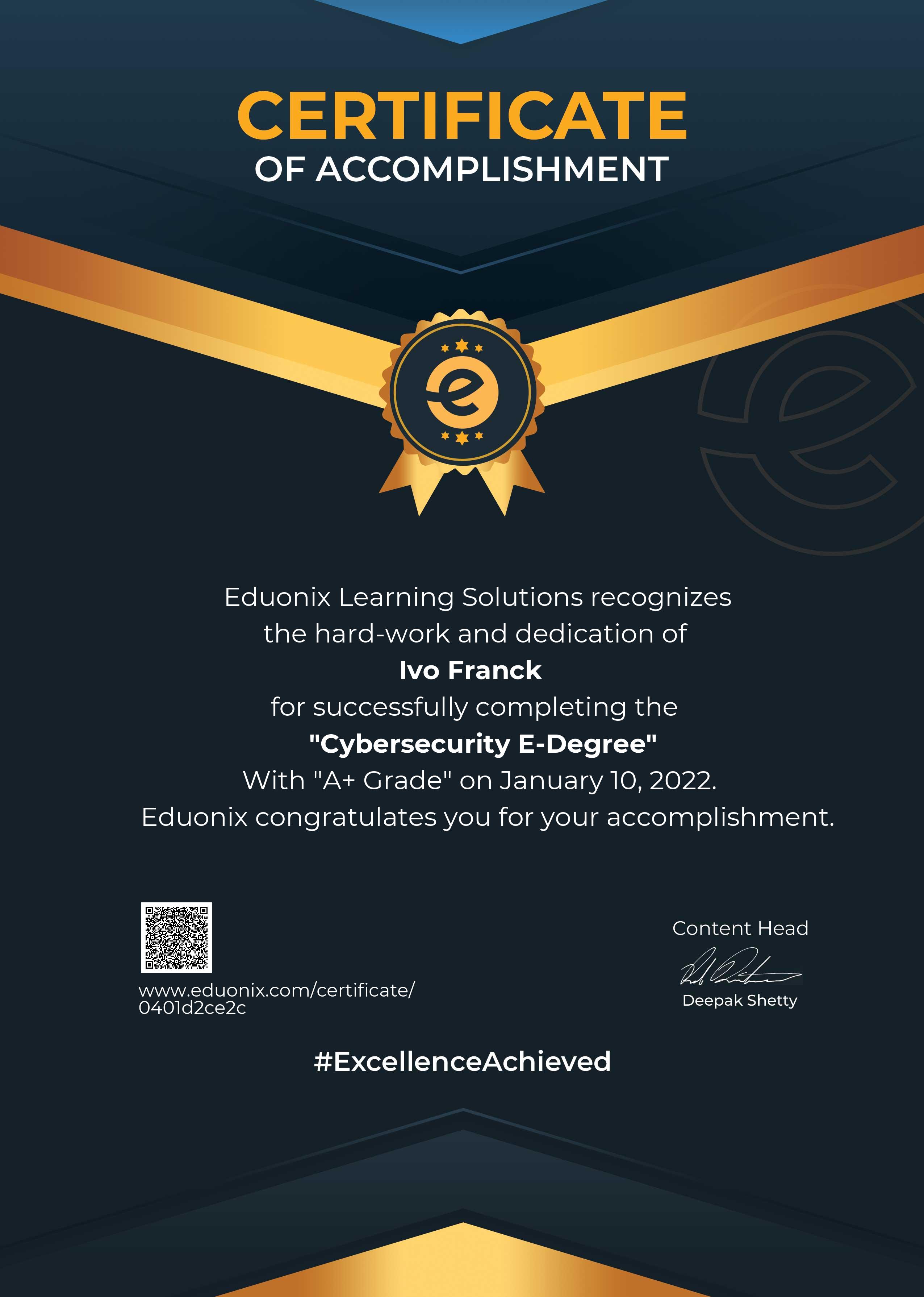 Completion certificate for Cybersecurity and Ethical Hacking E-Degree