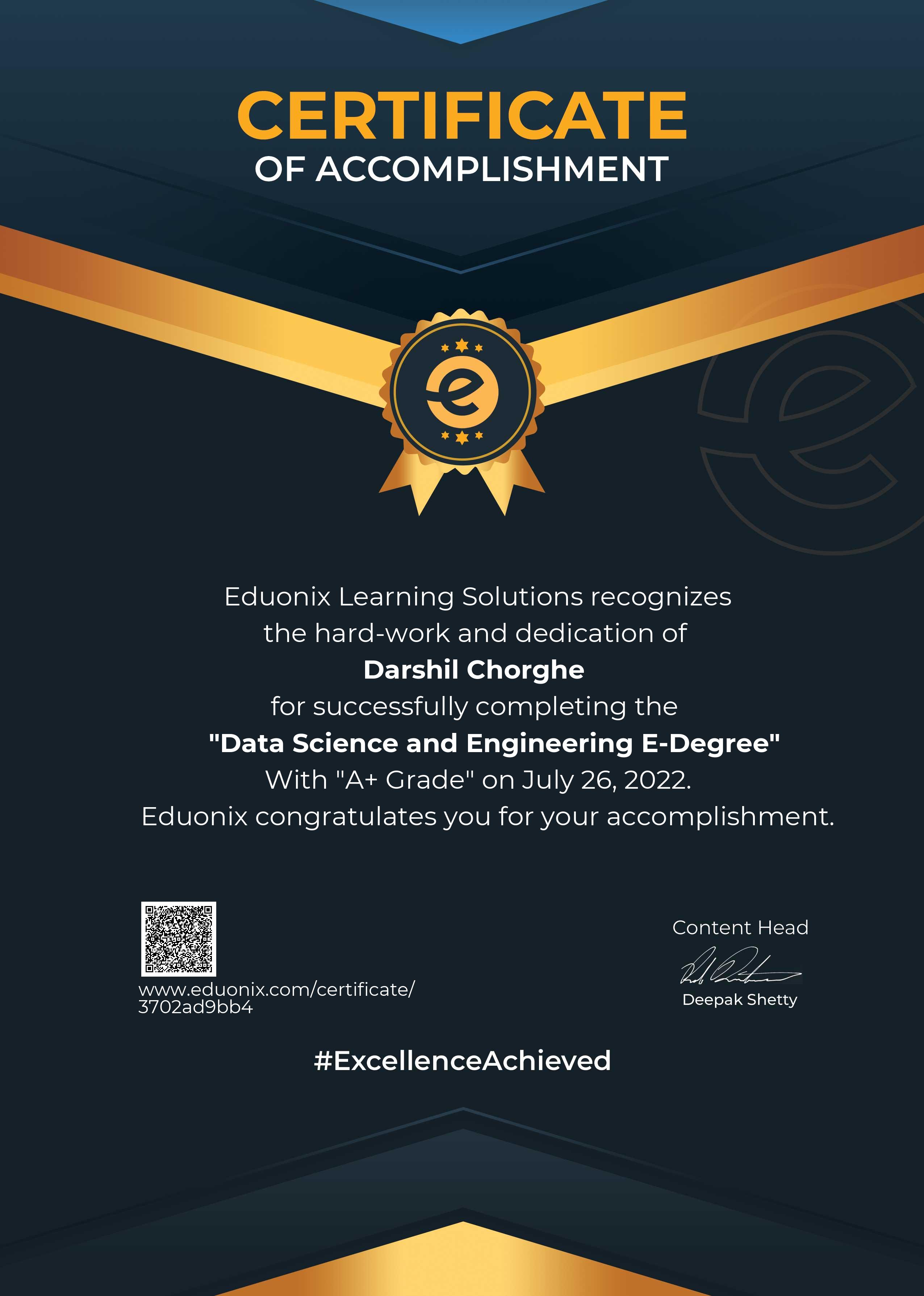 Completion certificate for Data Science and Engineering E-Degree