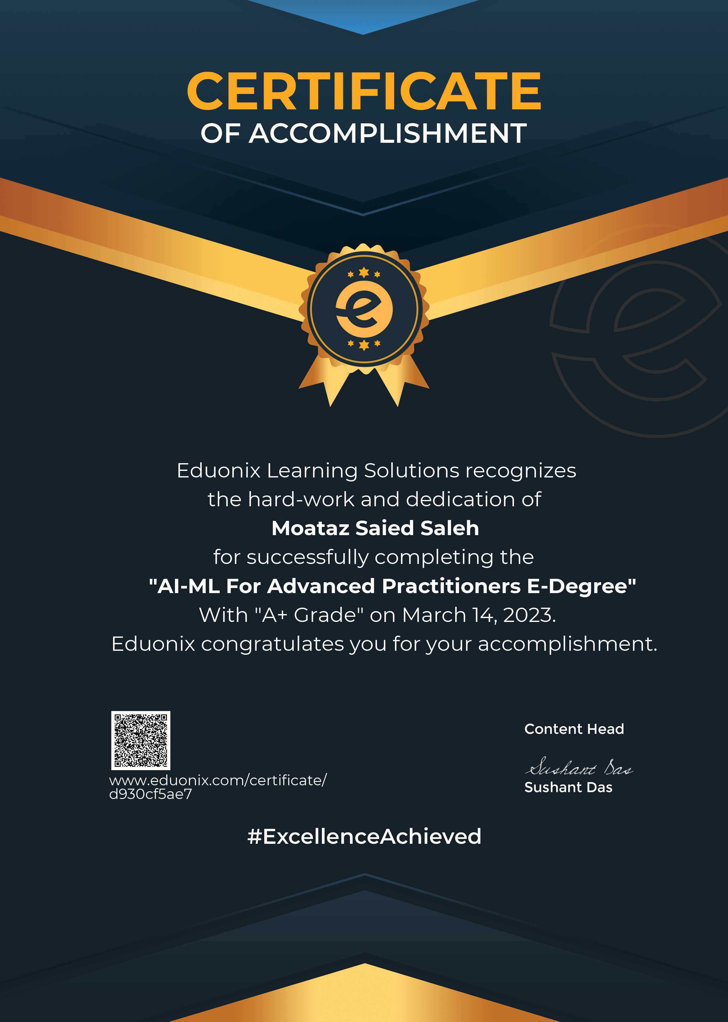 Completion certificate for AI-ML For Advanced Practitioners E-Degree