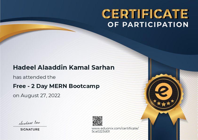 Completion certificate for Free - 2 Day MERN Bootcamp