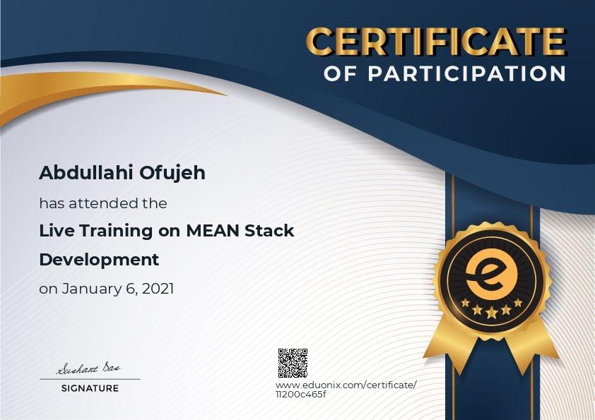 Completion certificate for Live Training on MEAN Stack Development