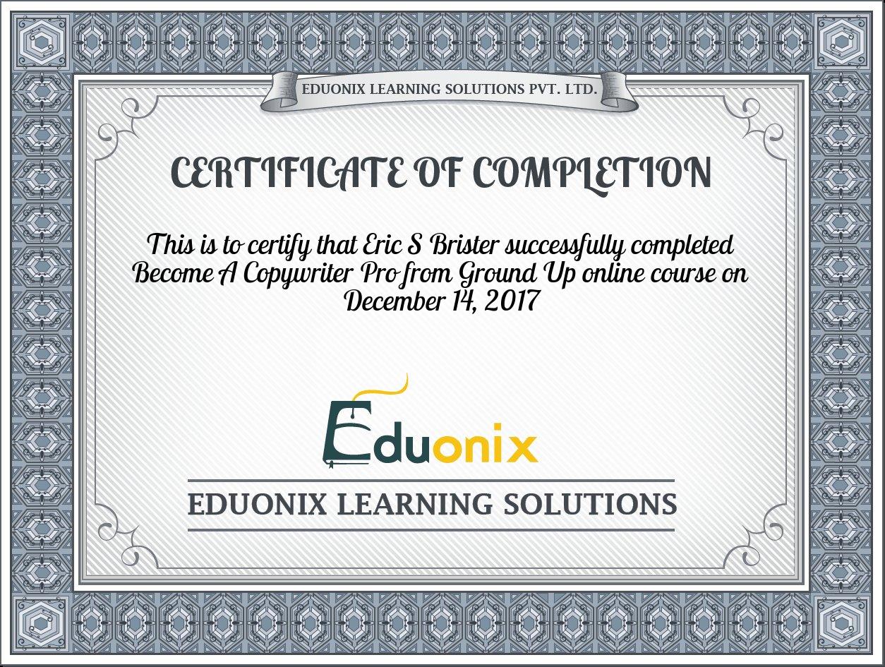 Completion certificate for Become A Copywriter Pro from Ground Up