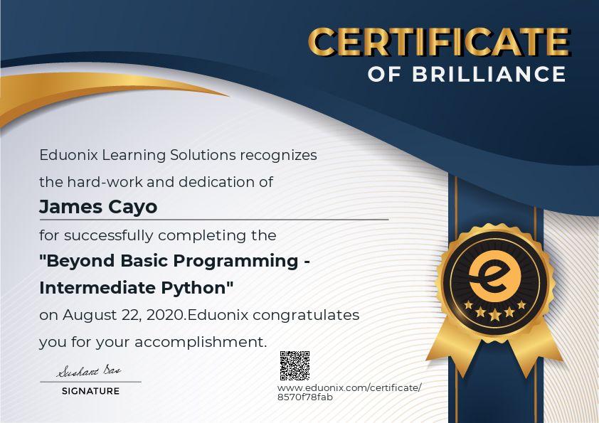 Completion certificate for Beyond Basic Programming - Intermediate Python