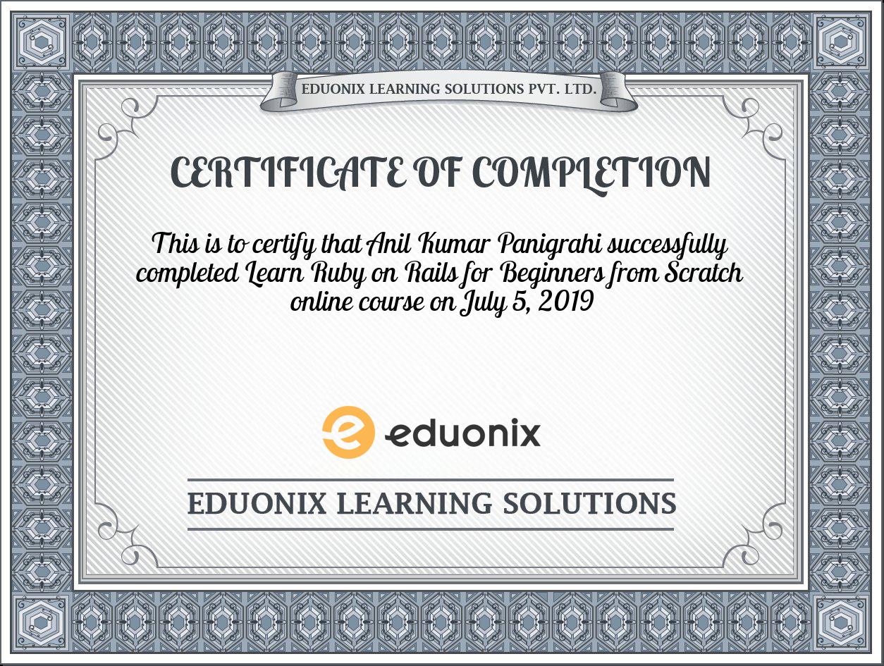 Completion certificate for Learn Ruby on Rails for Beginners from Scratch