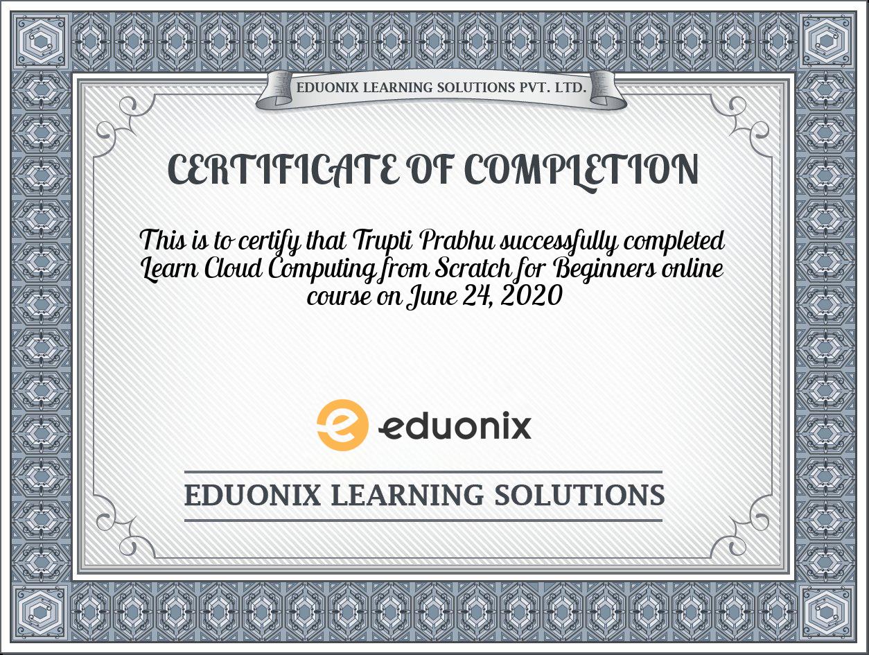 Completion certificate for Learn Cloud Computing from Scratch for Beginners