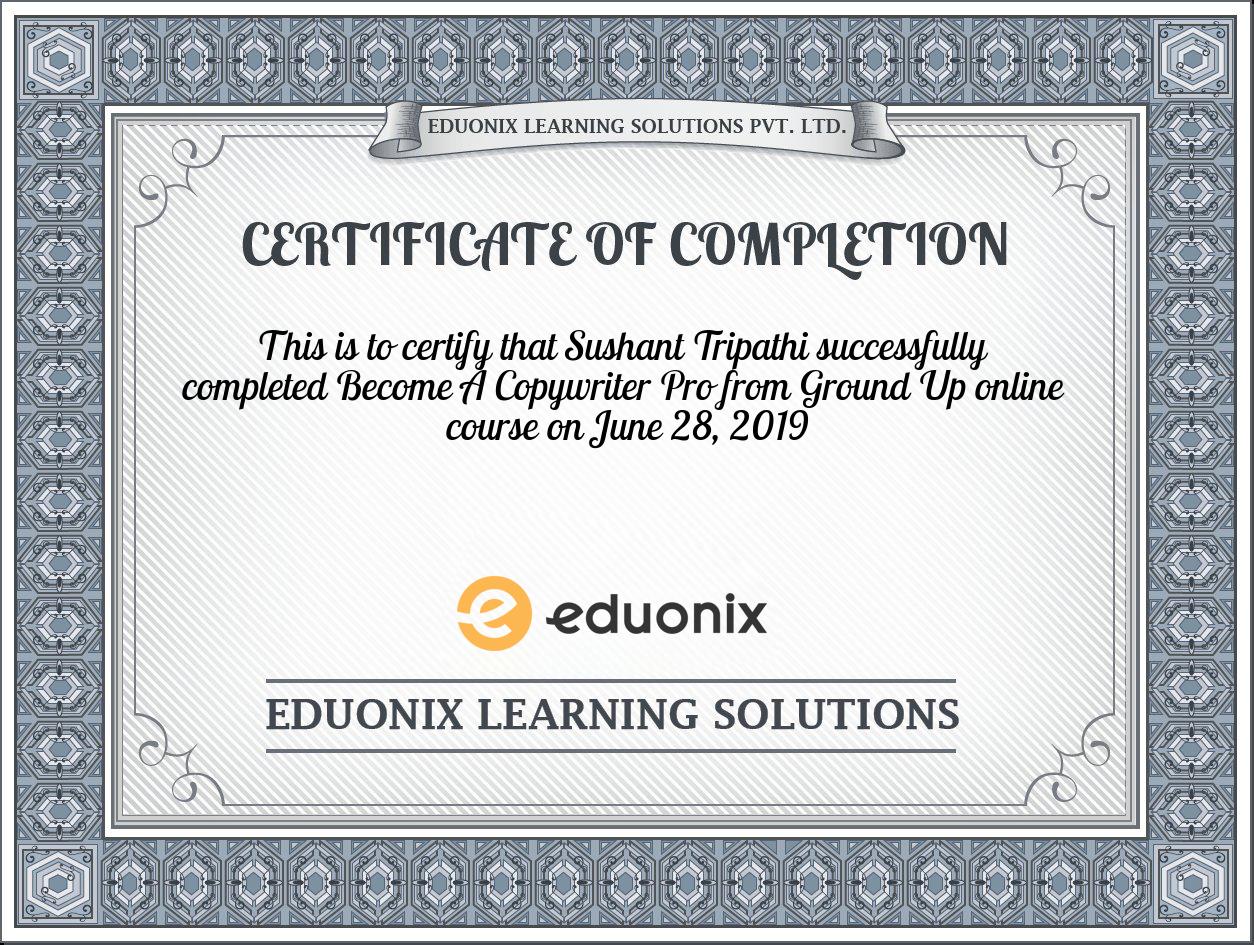Completion certificate for Become A Copywriter Pro from Ground Up