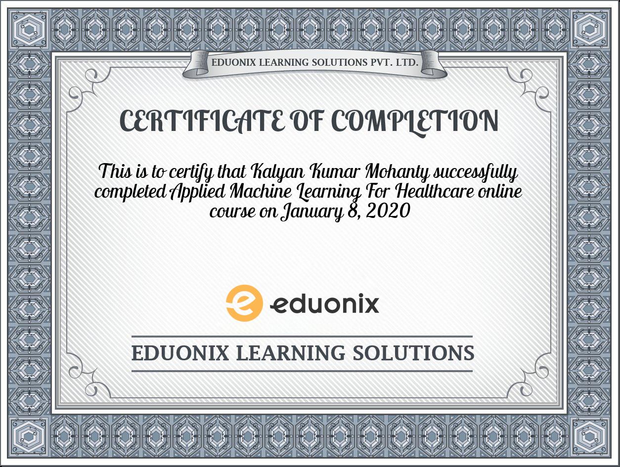 Completion certificate for Applied Machine Learning For Healthcare