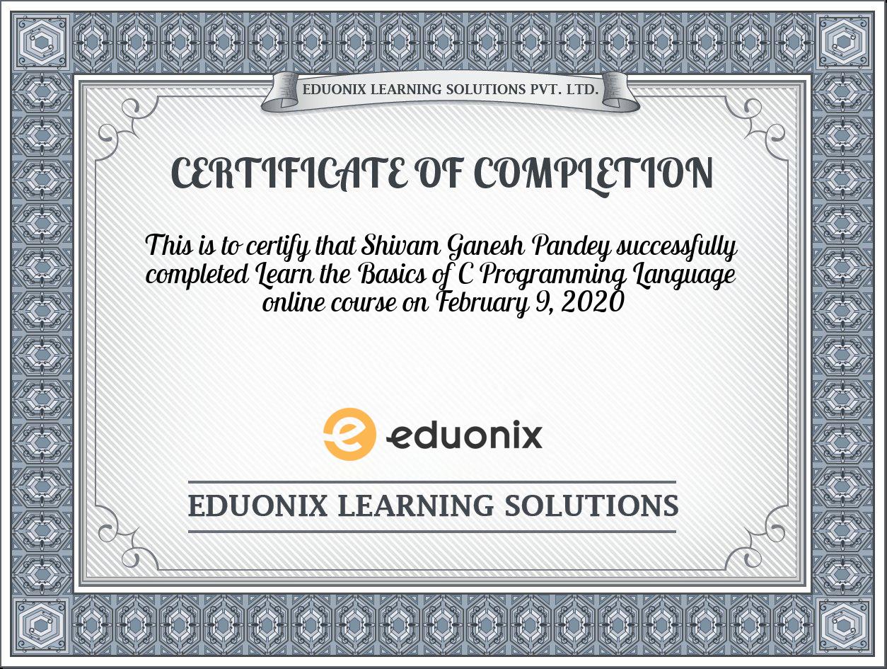 Completion certificate for Learn the Basics of C Programming Language
