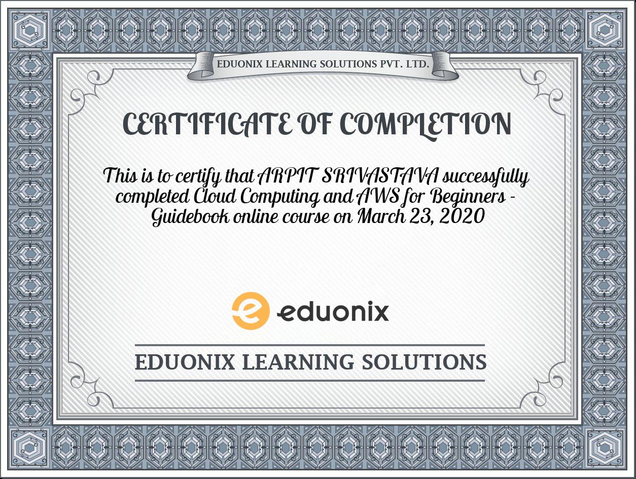 Completion certificate for Cloud Computing and AWS for Beginners ...
