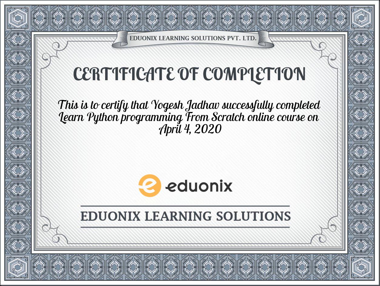 Completion certificate for Learn Python programming From Scratch